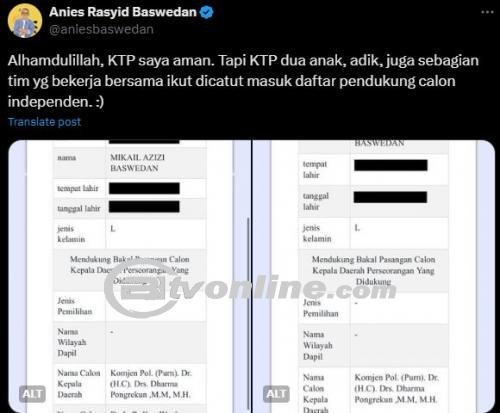 Viral! KTP Dua Anak Anies Baswedan Tercantum Sebagai Dukungan Untuk Dharma Pongrekun-Kun Wardana ...